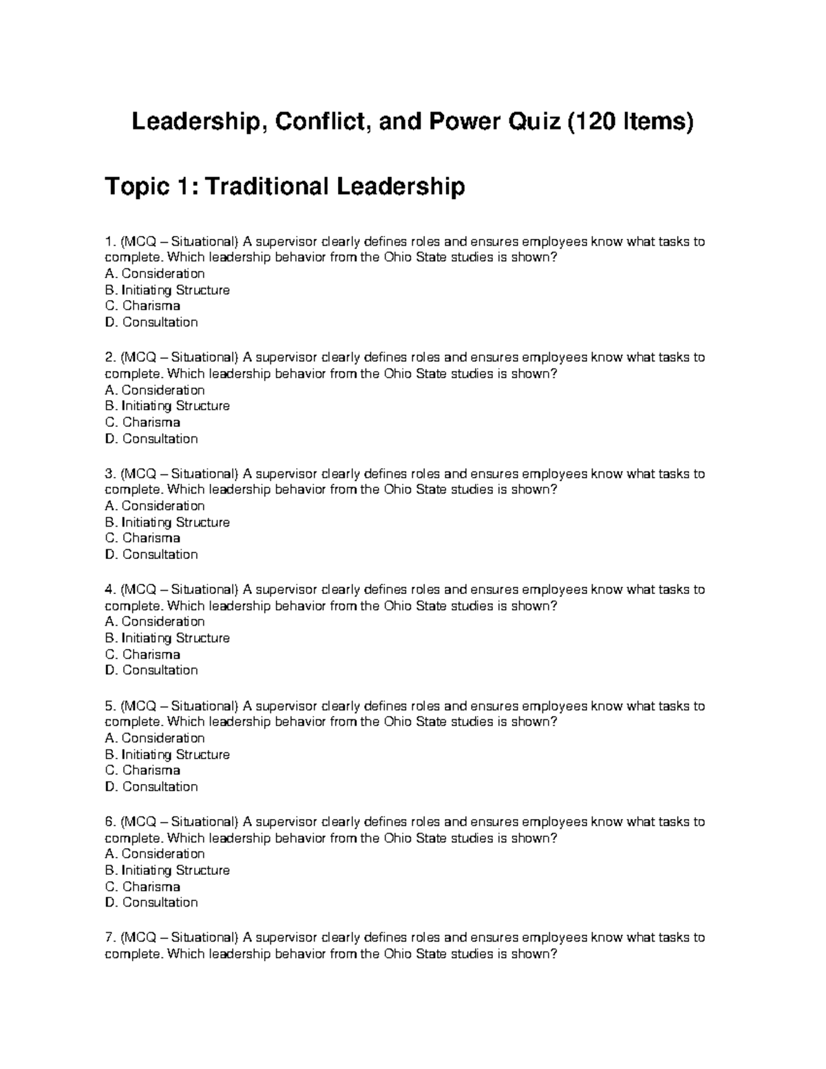 Leadership, Conflict, and Power Quiz (120 Items) - Studocu