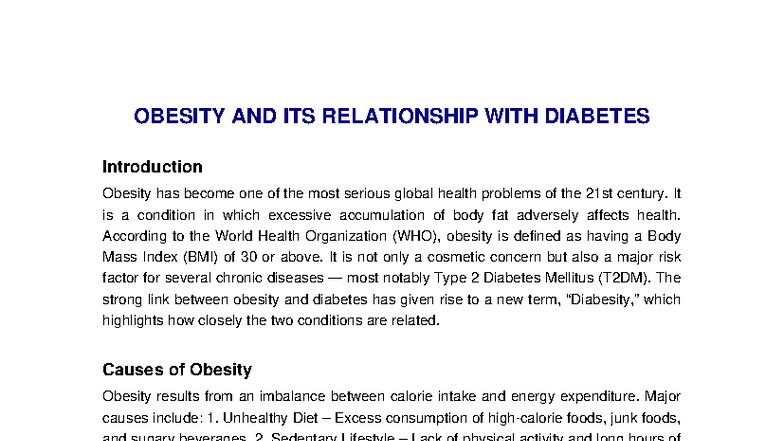 OBE 101: Obesity and Its Impact on Diabetes - Essay Notes - Studocu