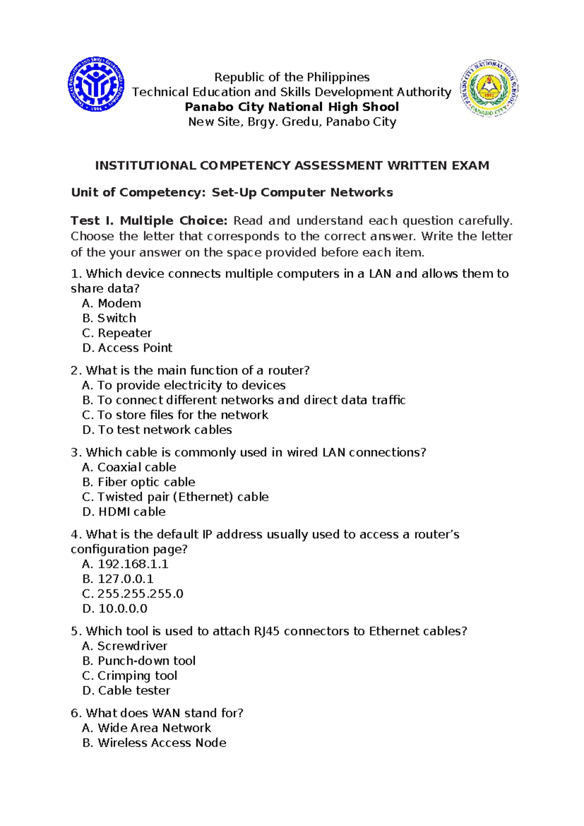 COMPETENCY ASSESSMENT: COMPUTER NETWORKS TEST I (7.Written Test) - Studocu