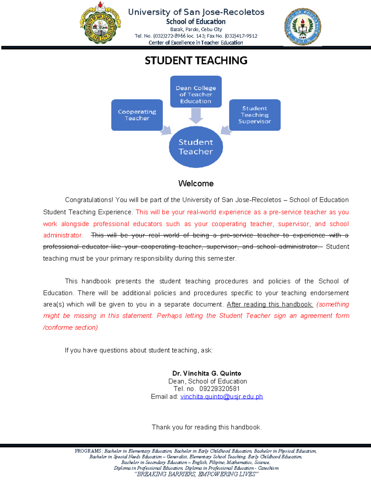 Student Teaching Handbook: University of San School of Education - Studocu