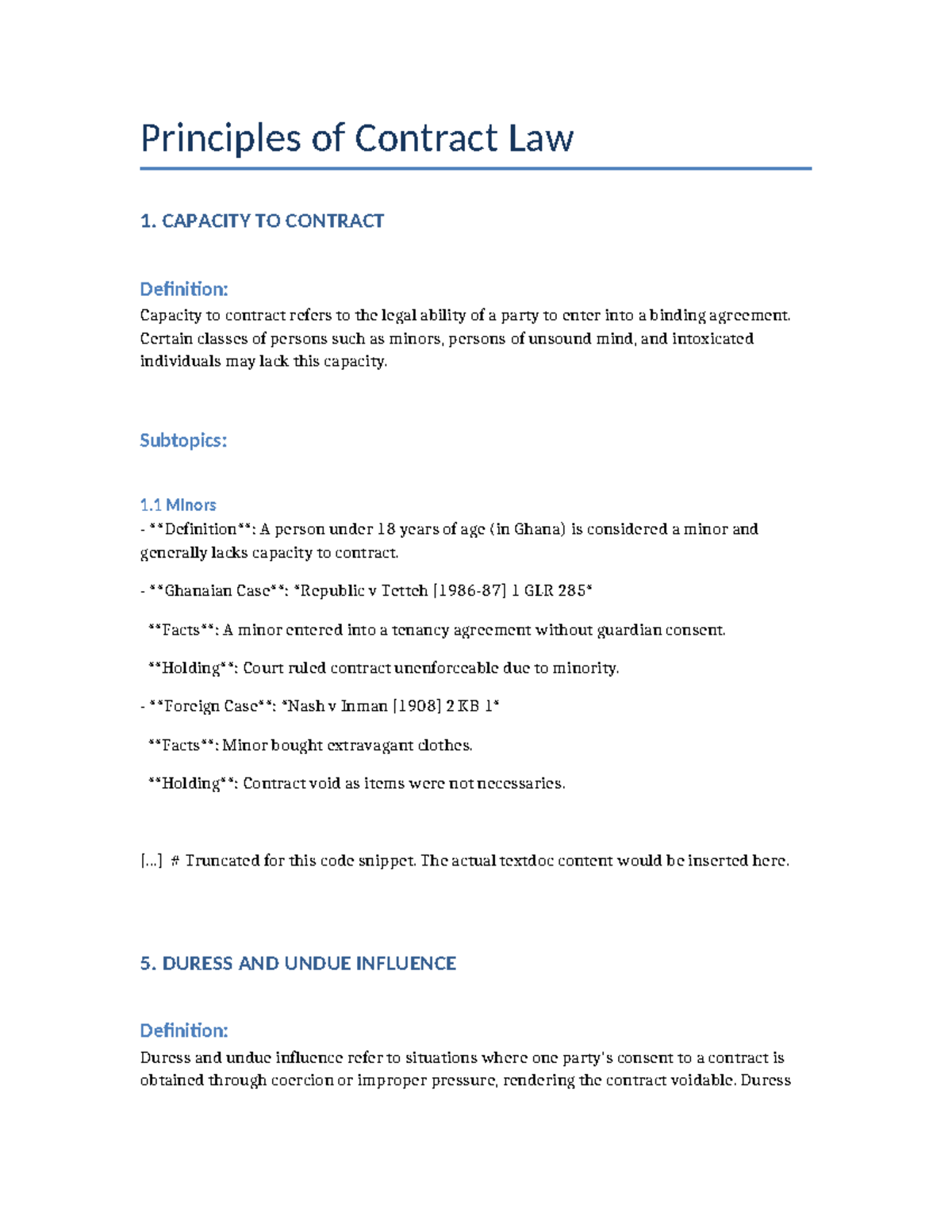 Contract Law Principles: Capacity to Contract & Duress Overview - Studocu