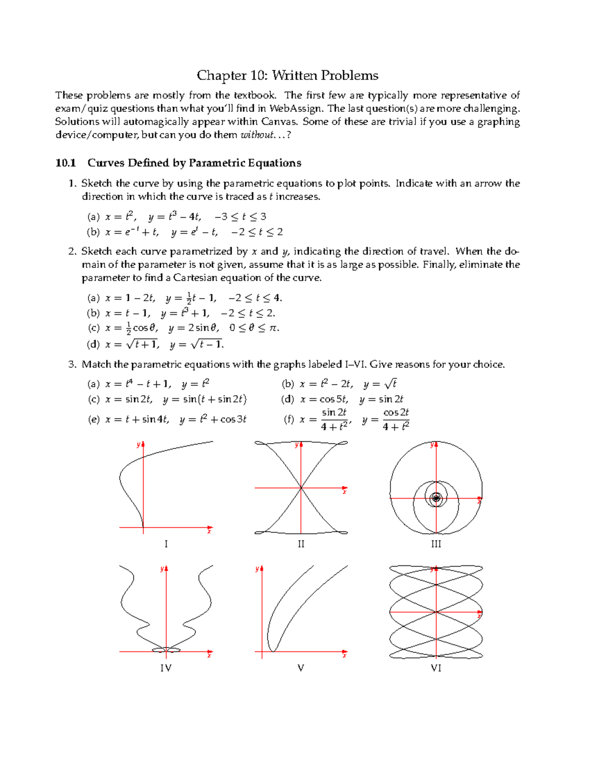 Parametric Equations and Curves - Exam Prep Problems (Chapter 10) - Studocu