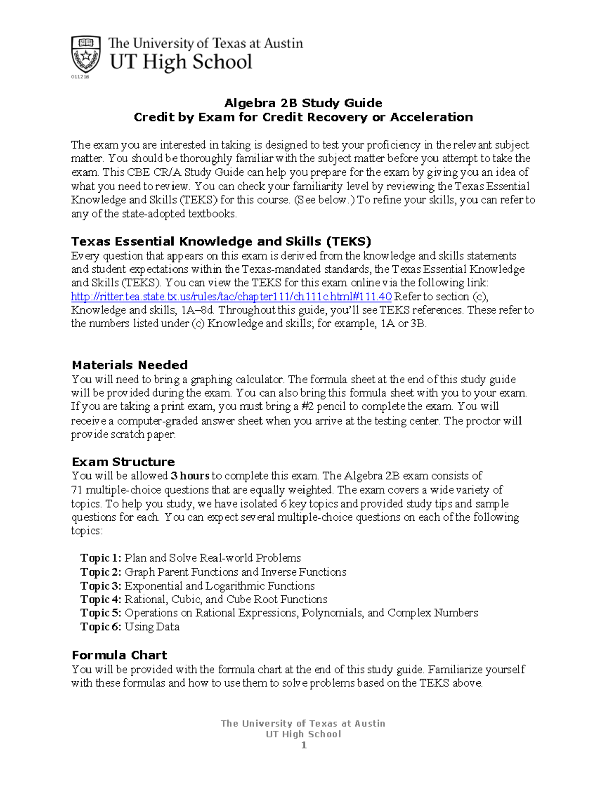 Algebra 2B CBE CR/A Study Guide - The University of Texas at Austin ...