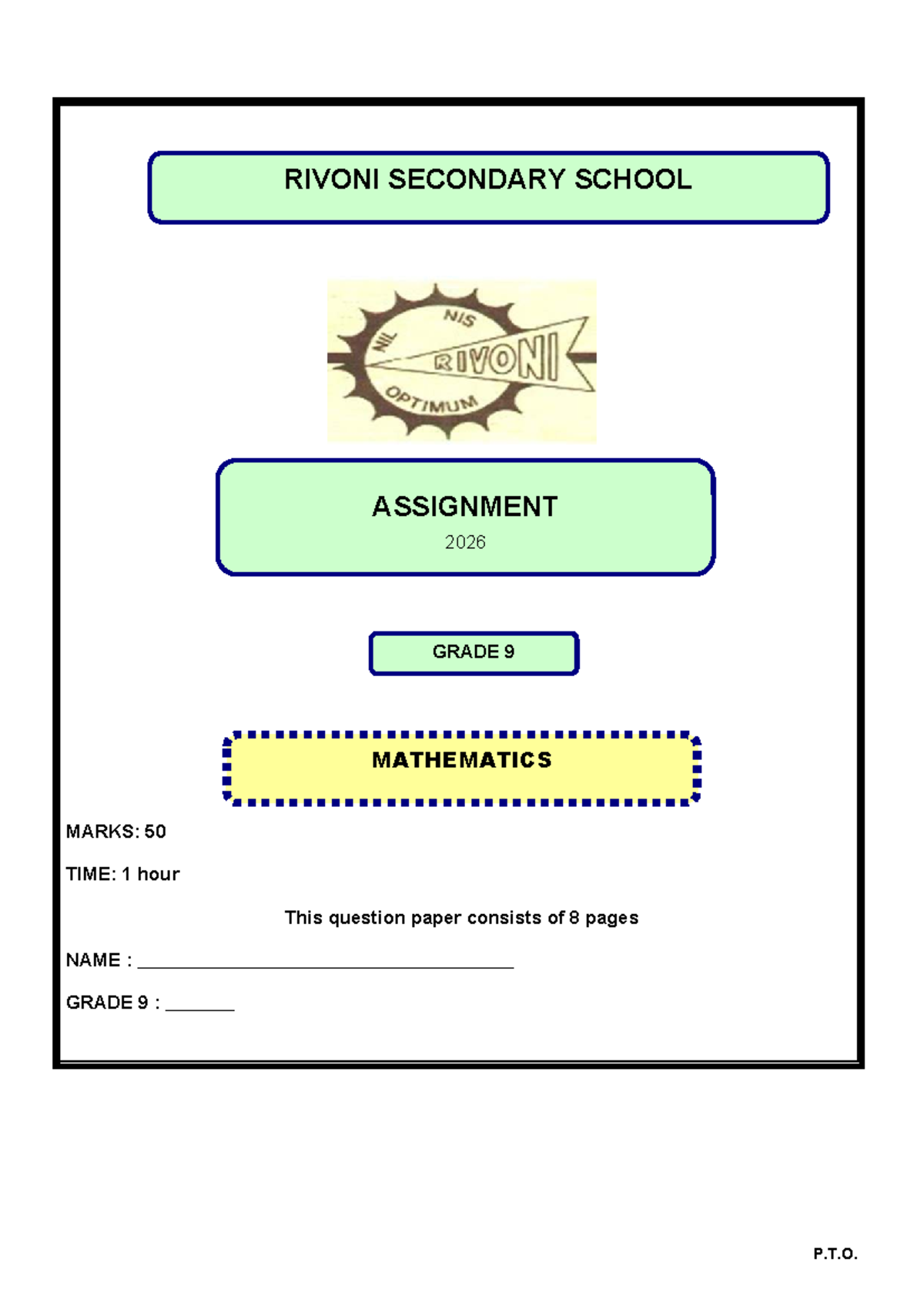 Grade 9 Mathematics Assignment 2026: Question Paper & Instructions ...