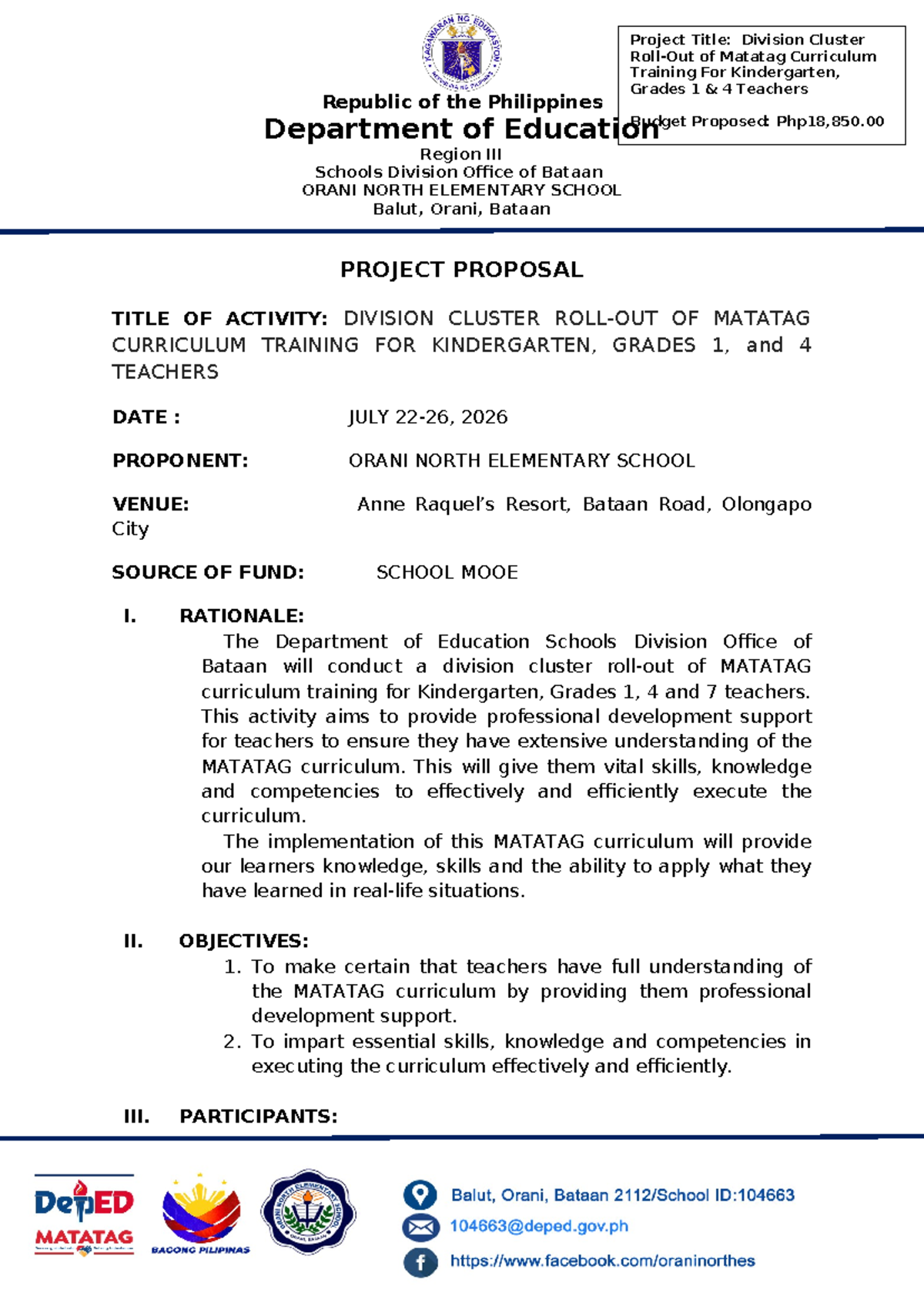 Project proposal on matatag curriculum rollout - Project Title ...