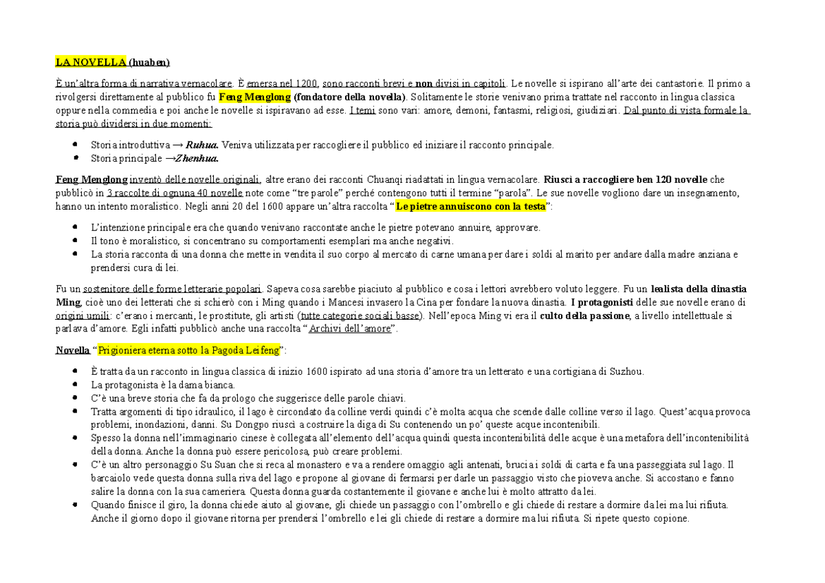 LA Novella-FENG Menglong-LI YU - Letteratura cinese I - UniOr - Studocu
