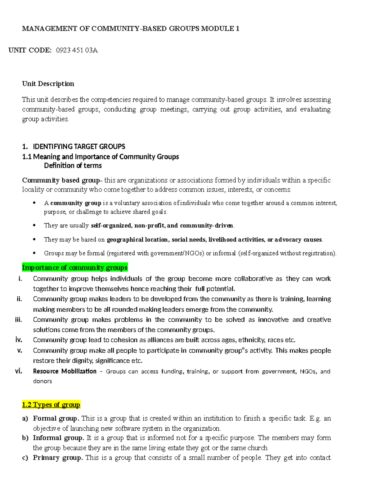 Management of Community Groups: Module 1 Overview (0923 451 03A) - Studocu