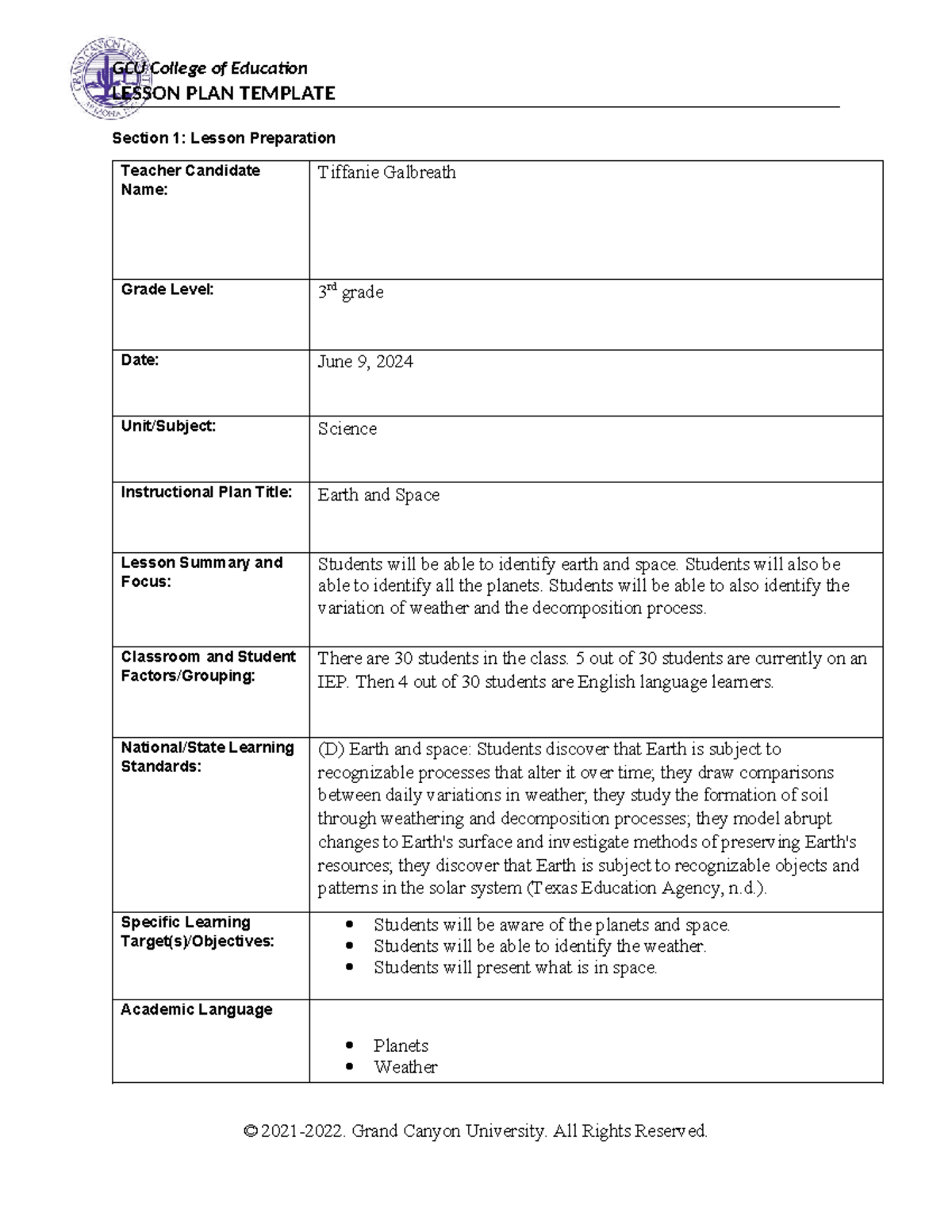 ELM-361 TGalbreath week 6 - LESSON PLAN TEMPLATE Section 1: Lesson ...