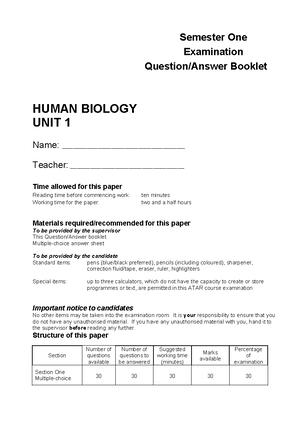 Practice Exam for unit 1 - Year 11 ATAR Human Biology Practice ...