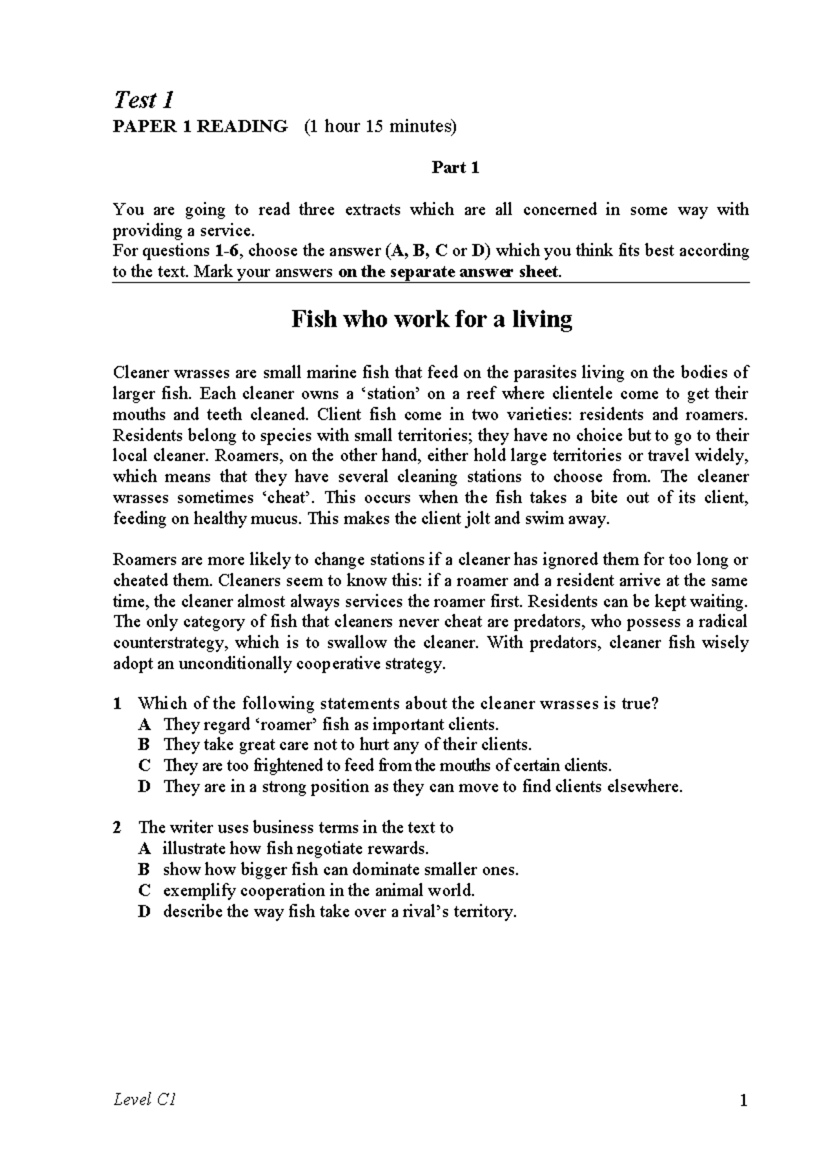 C1-CIE - Test 1 Reading and Writing Practice Paper - Studocu