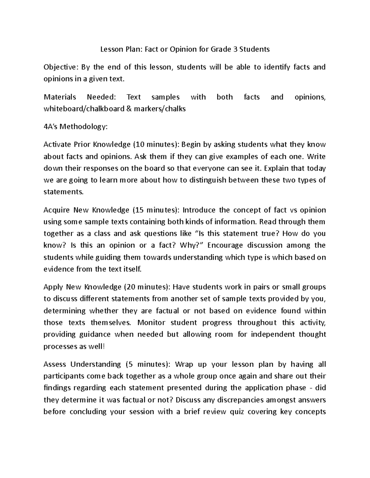 FACT Opinion Lesson PLAN G3 - Lesson Plan: Fact or Opinion for Grade 3 ...