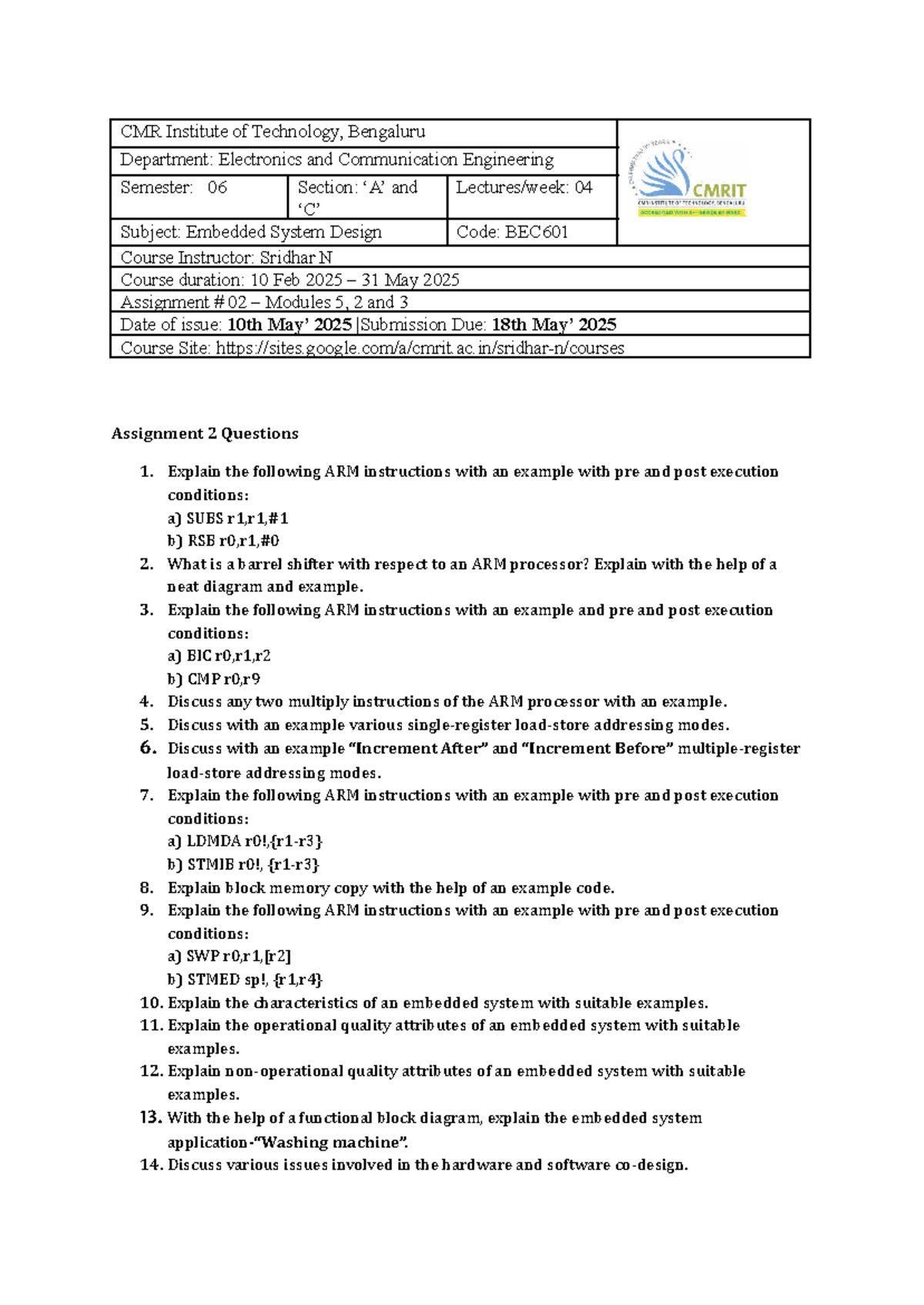 Assignment 2: ESD BEC601 - ARM Instructions & Embedded Systems - Studocu
