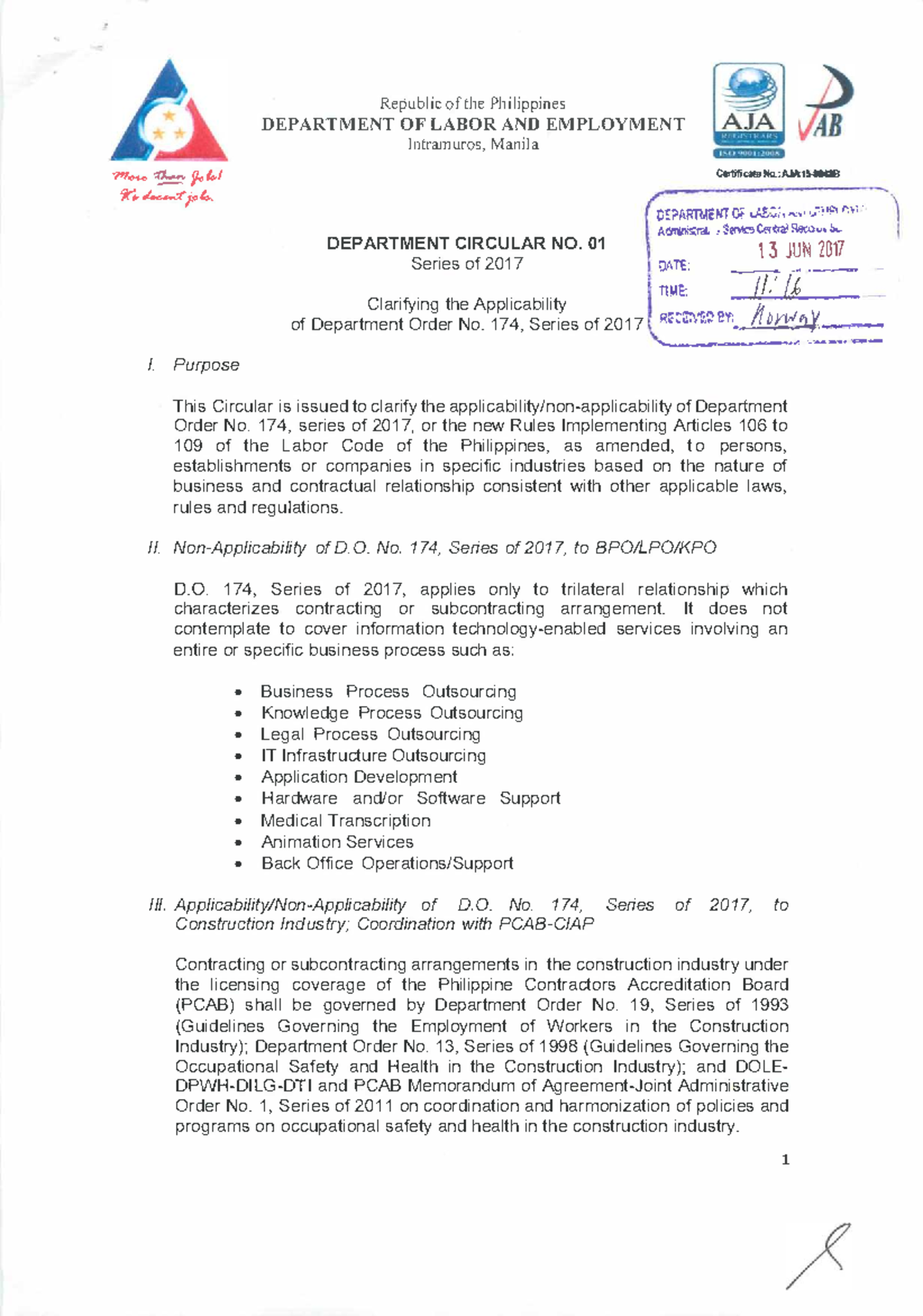 Department Circular No. 01-2017: Clarifying D.O. No. 174 Applicability ...