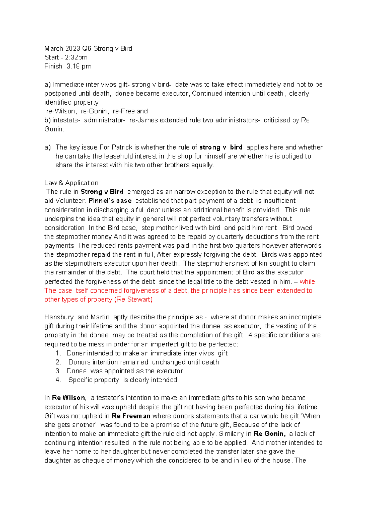 Strong v Bird Practice Questions (March 2023) - Studocu