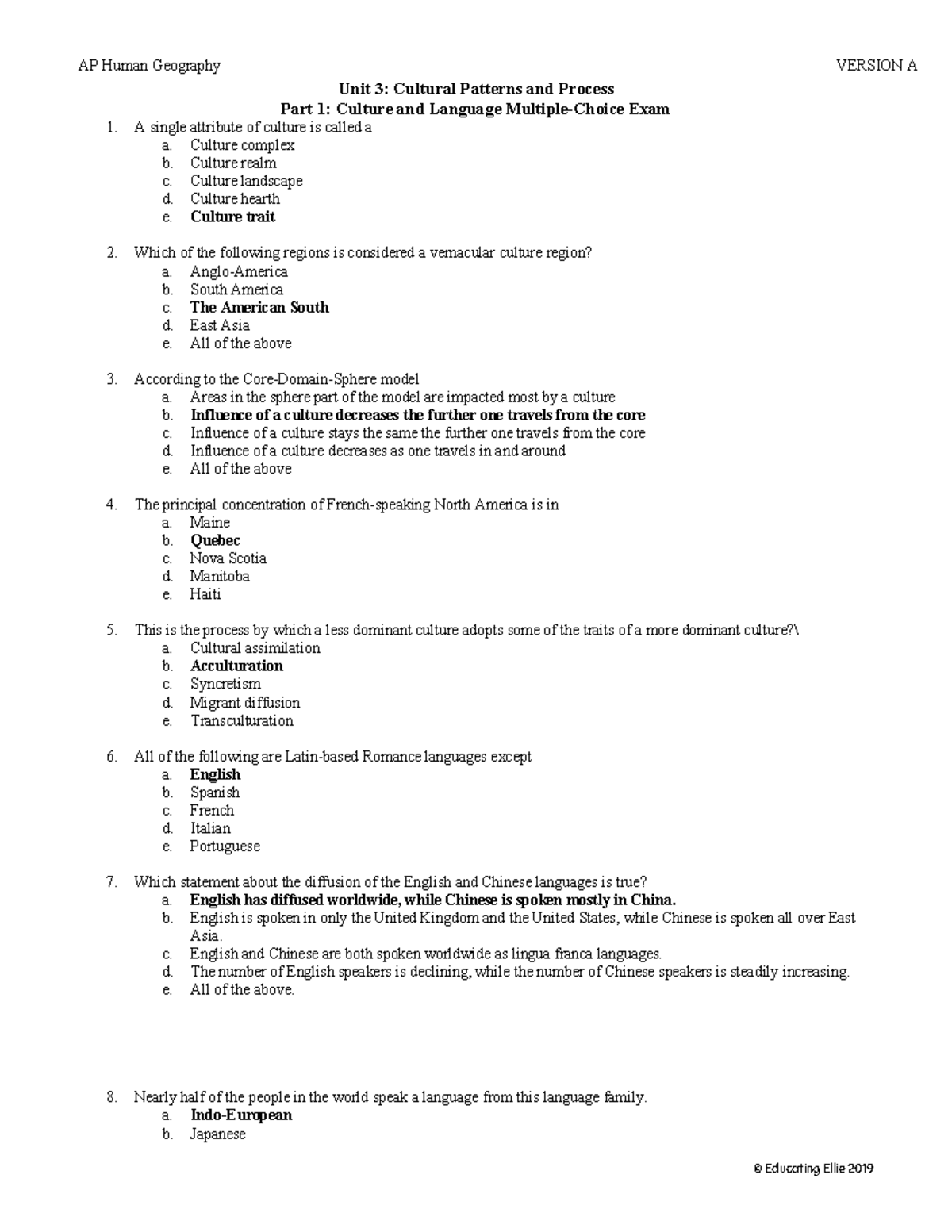 AP Human Geography - Culture and Language Exam Version A KEY - Studocu