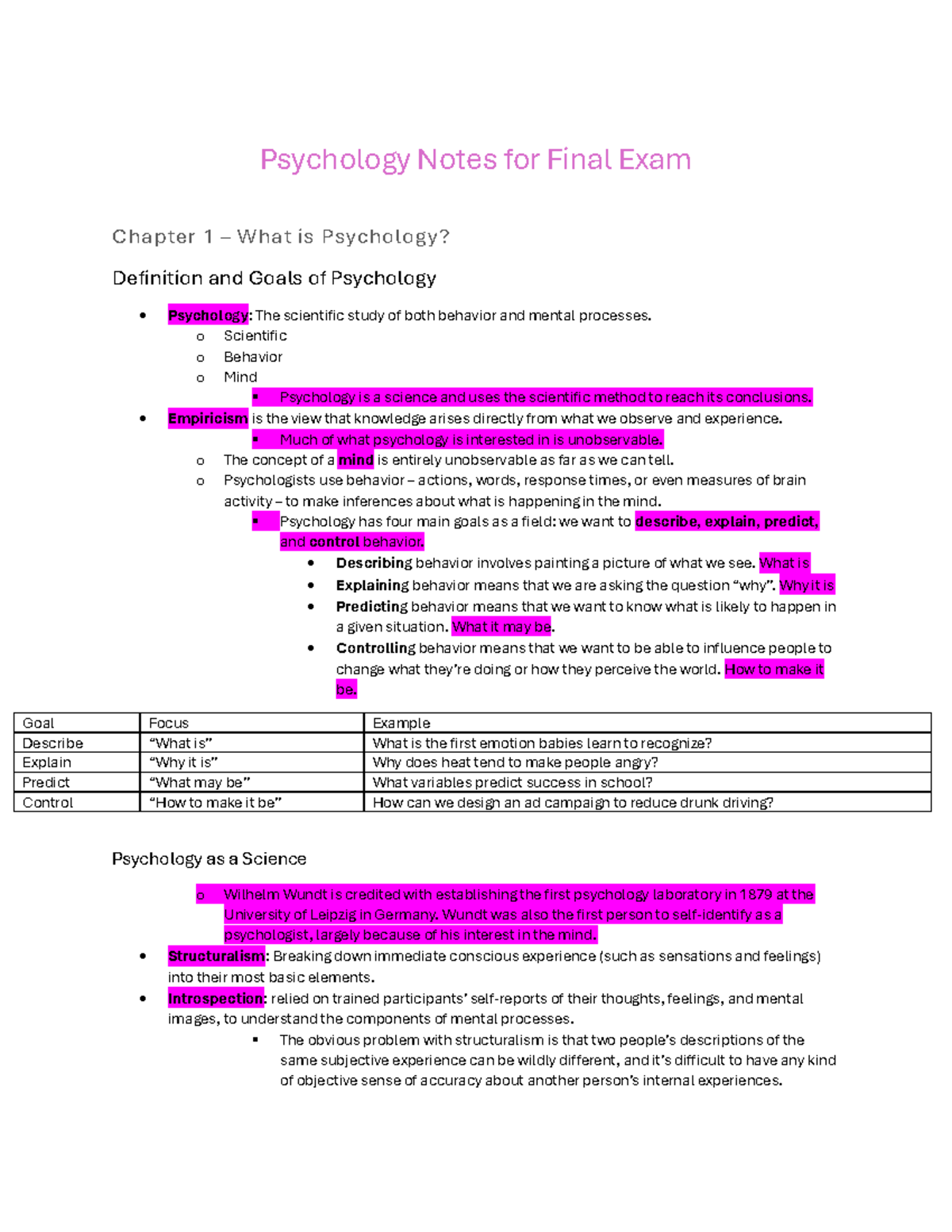 Psy Final Notes - Psychology Notes for Final Exam Chapter 1 – What is ...