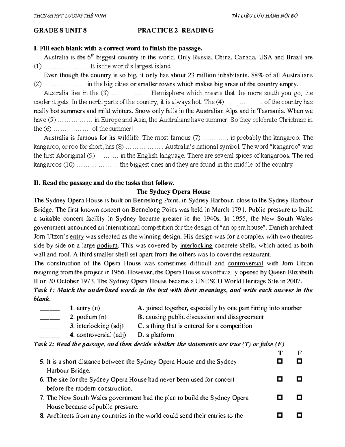 G8. U8. Practice 2 - mlllk - GRADE 8 UNIT 8 PRACTICE 2 READING I. Fill ...