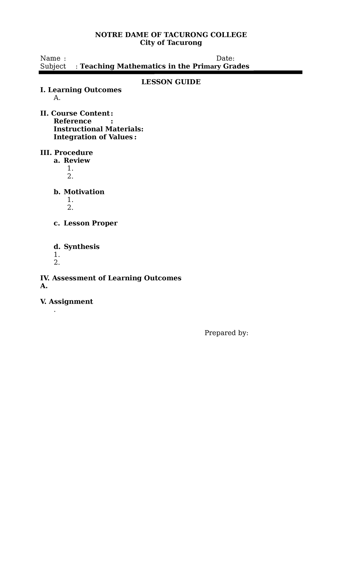 Lesson-Plan-Template - Hospitality Management - NOTRE DAME OF TACURONG ...