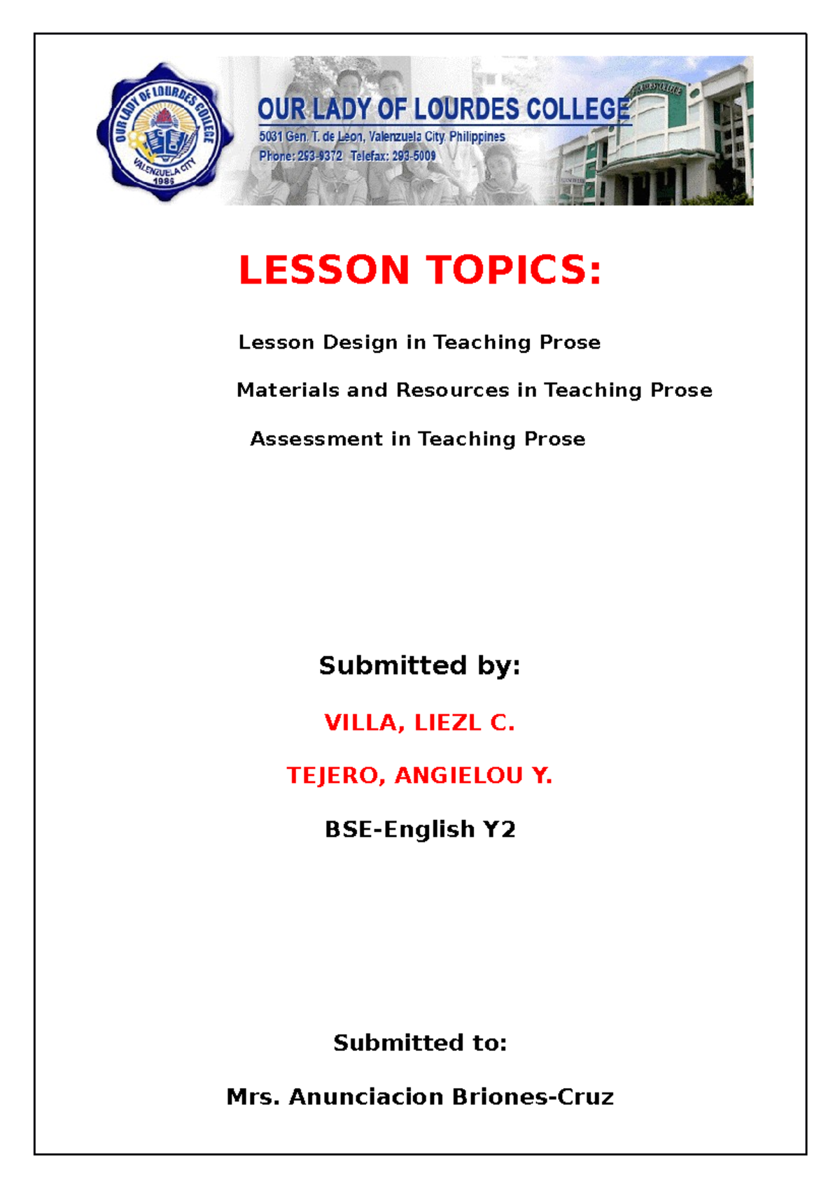 Literature Report - Handout - LESSON TOPICS: Lesson Design in Teaching ...