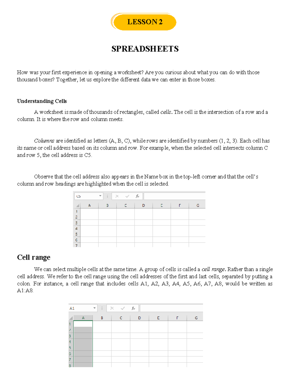 Lesson 2: Exploring Spreadsheets and Cell Functions - Studocu