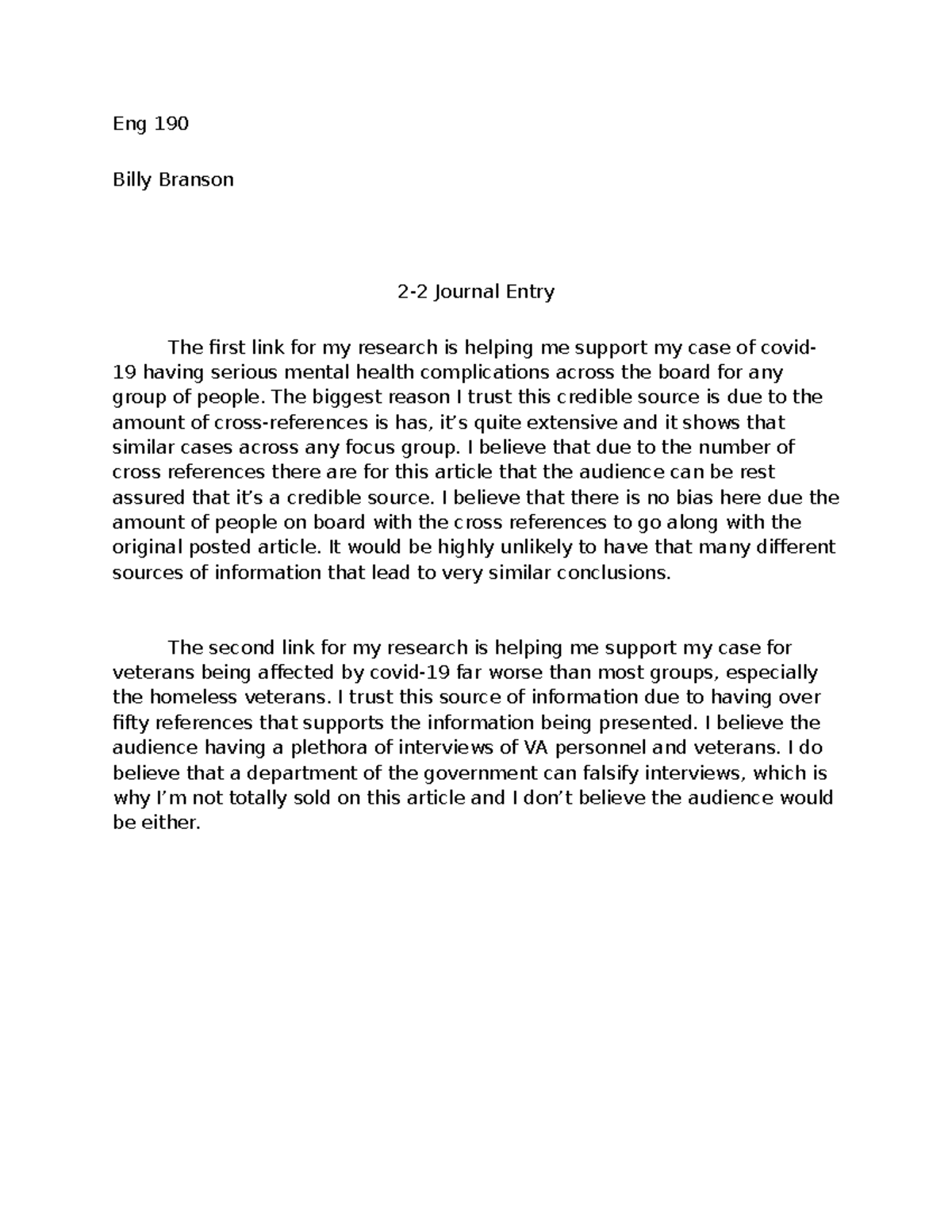 Eng 190 Journal 2-2 - hope this helps - Eng 190 Billy Branson 2-2 ...