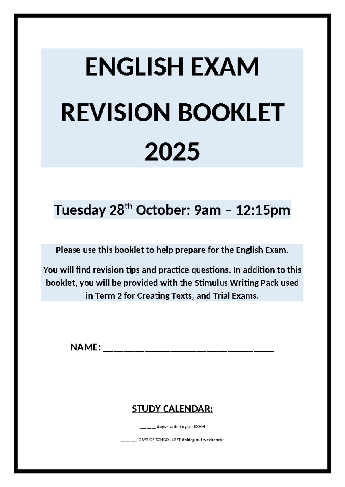 VCE ENGLISH EXAM REVISION BOOKLET 2025: Tips & Practice - Studocu