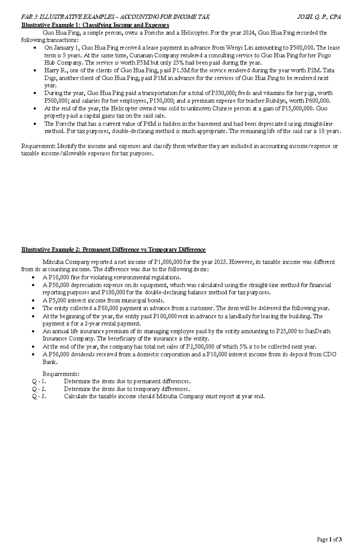 FAR 3: Illustrative Examples for Accounting Income Tax Analysis - Studocu