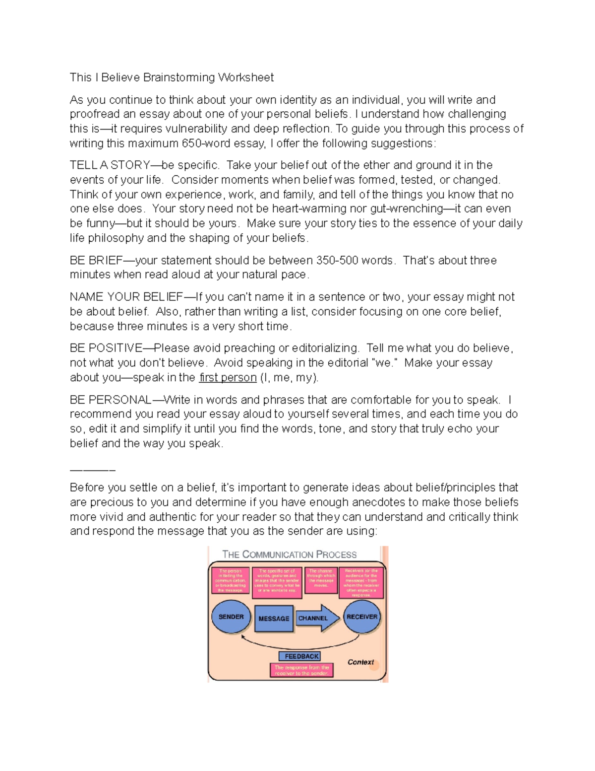 This I Believe Brainstorming Worksheet - I understand how challenging ...