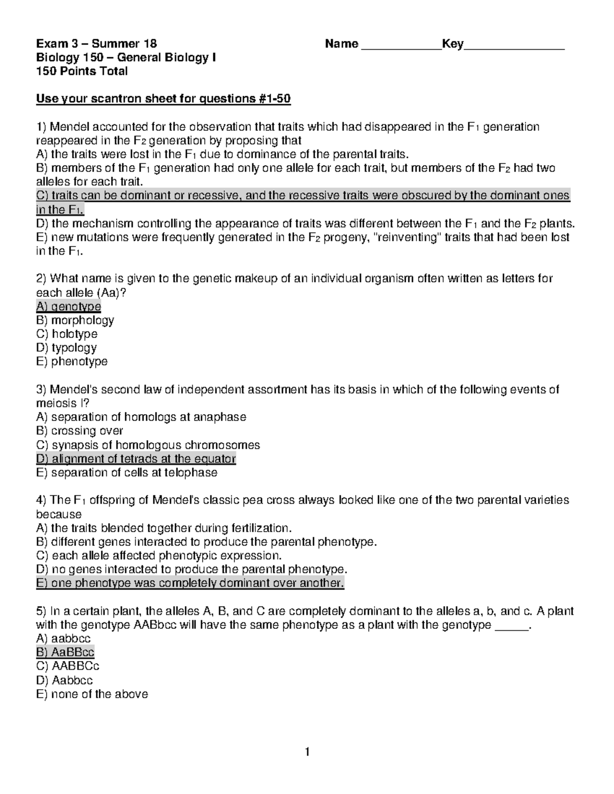 Exam 3 Key - Honors Biology 150: Genetics & Molecular Biology - Studocu
