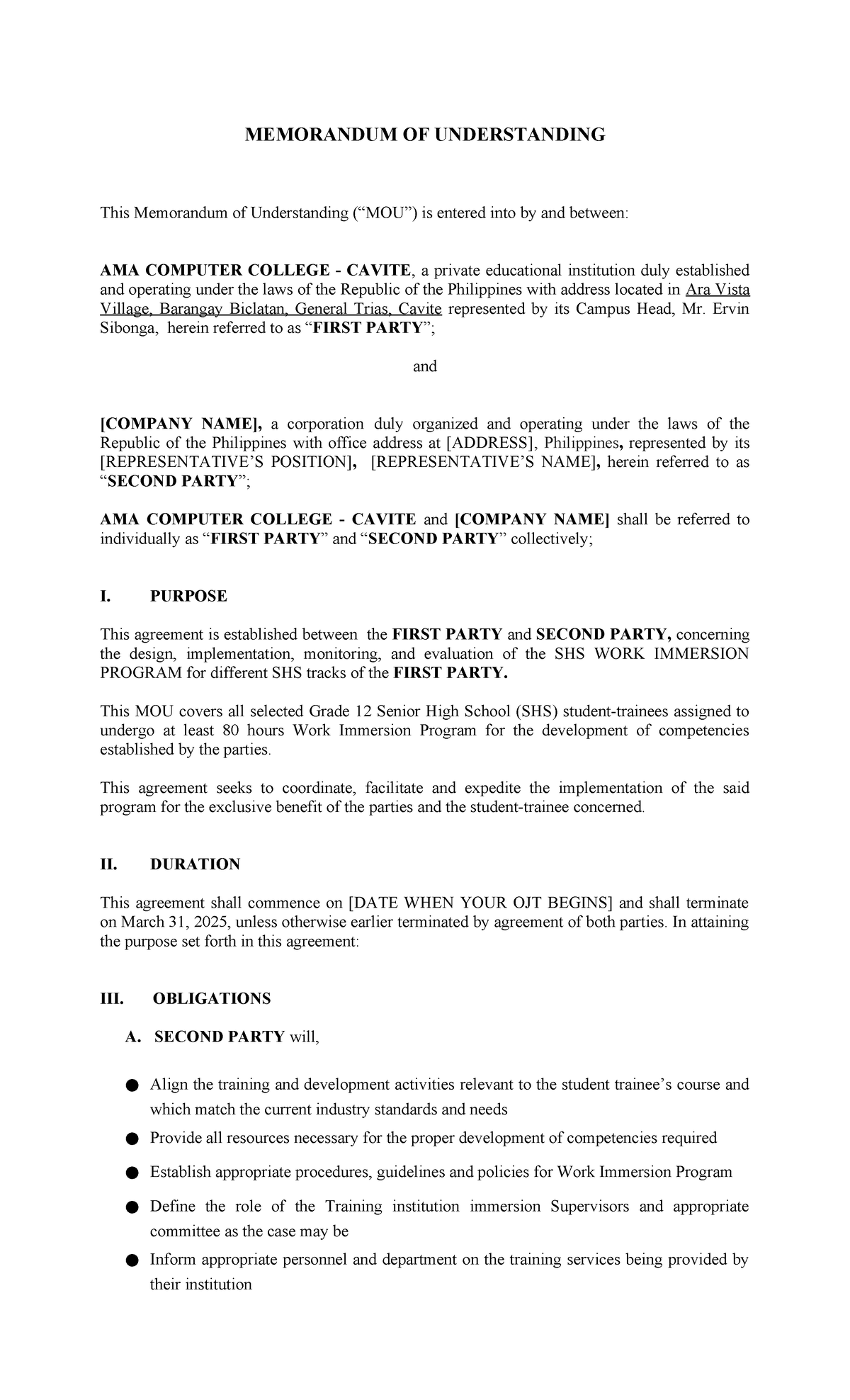 SHS Work Immersion Program MOU - AMA Computer College Cavite - Studocu
