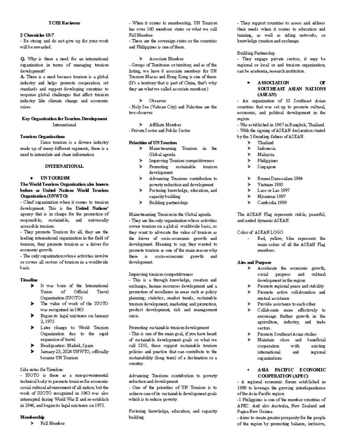 TCH1 Reviewer: International Organizations in Tourism Development - Studocu