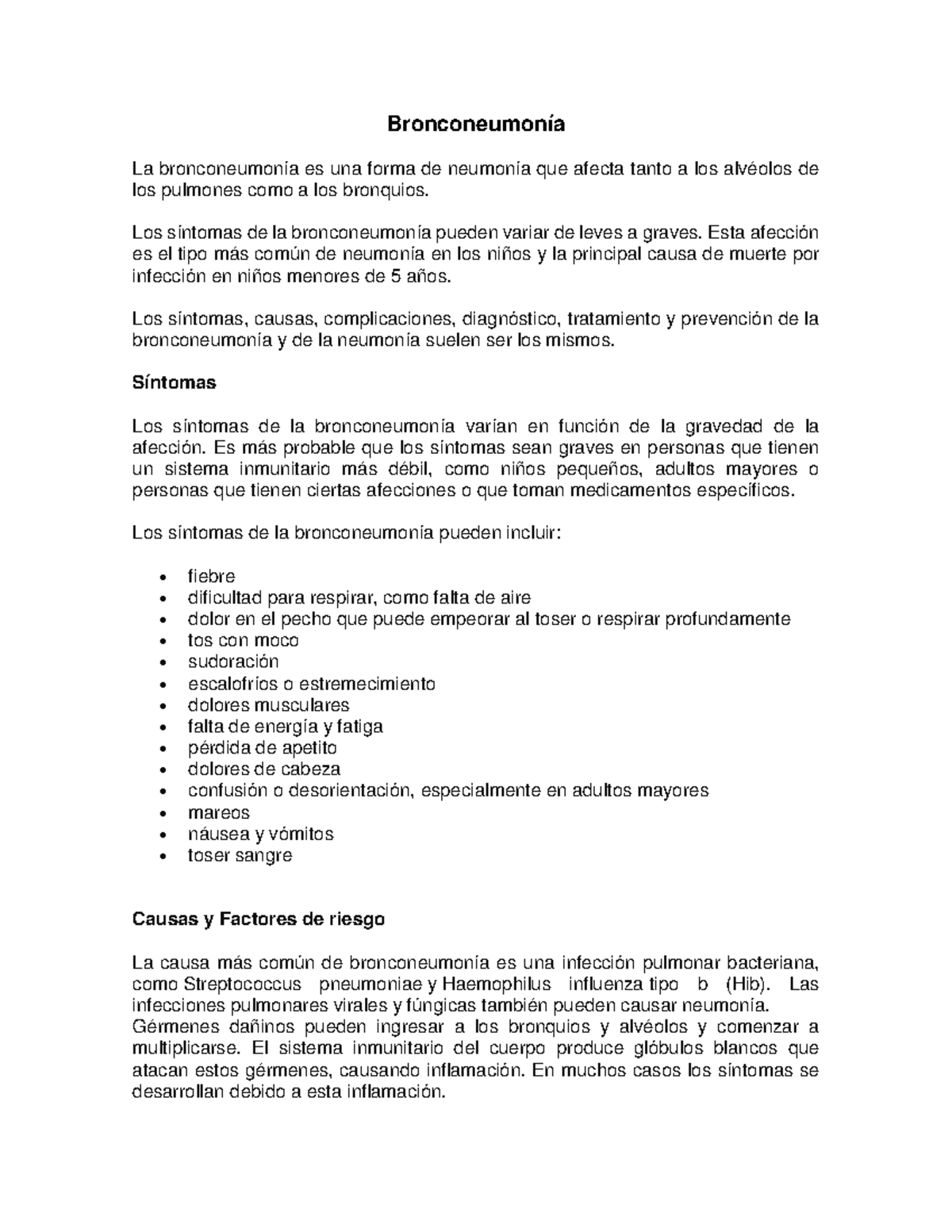 Bronconeumonía: Síntomas, Causas y Prevención en Niños y Adultos - Studocu