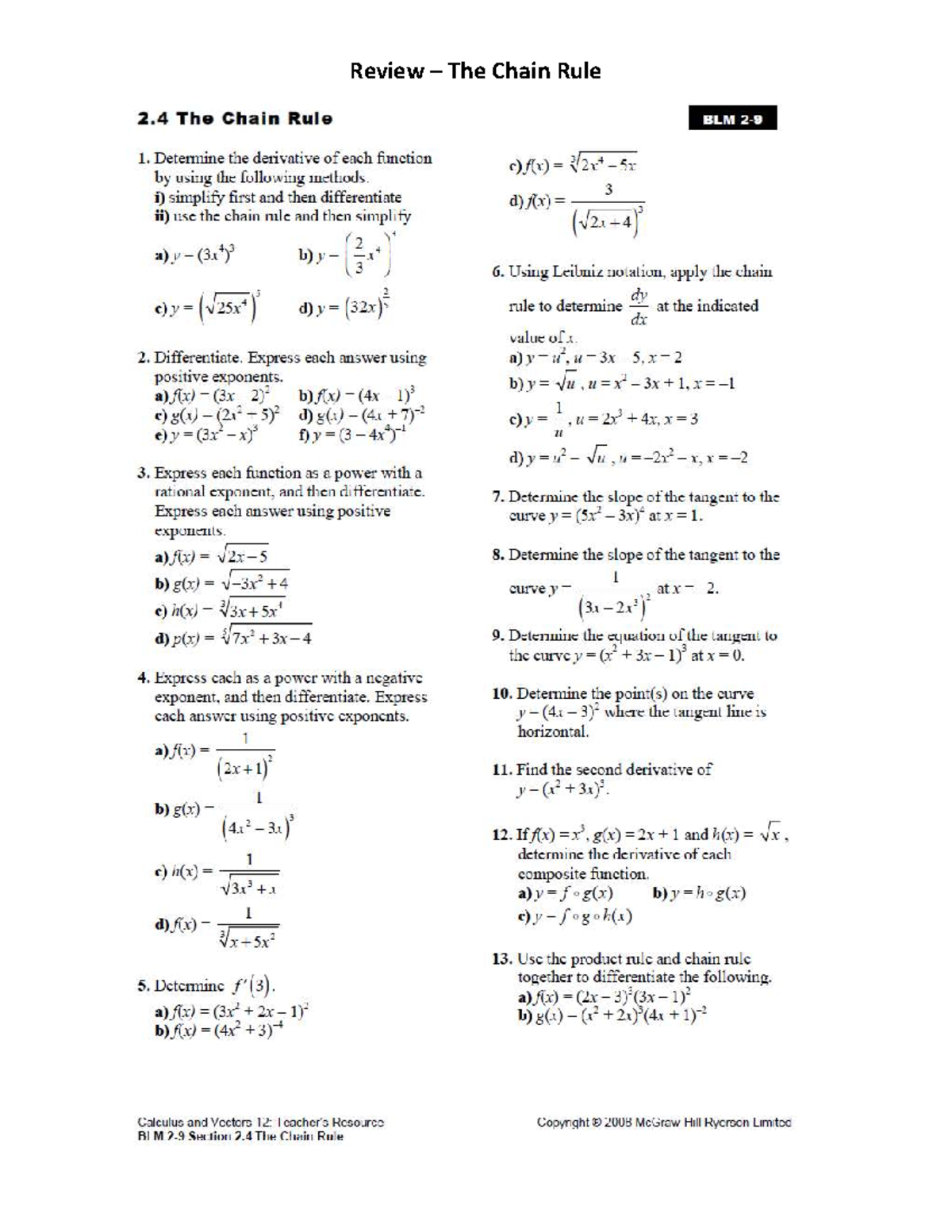 Review of The Chain Rule BLM 2.4 for Calculus and Vectors - Studocu