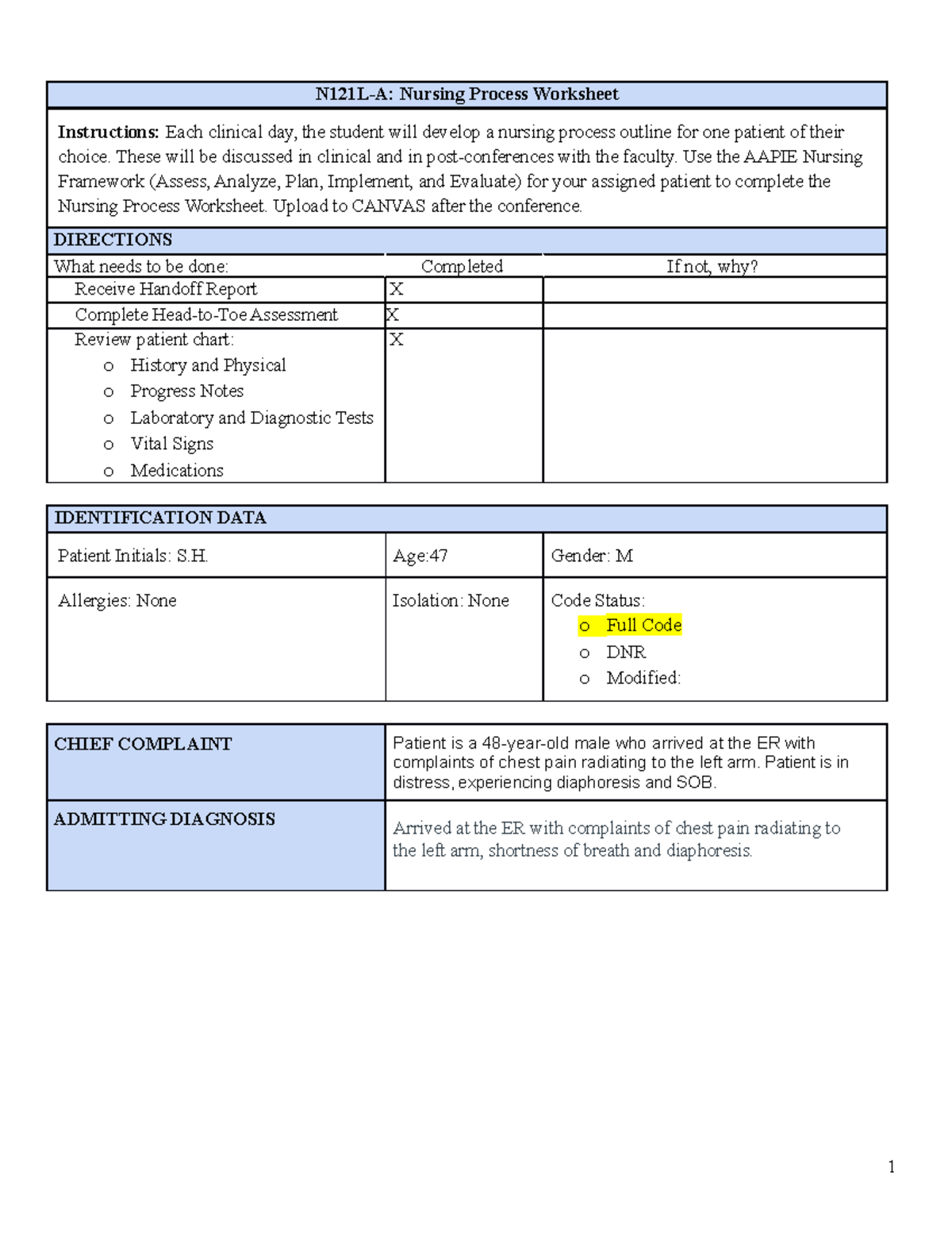 Nursing Process worksheet - N121L-A: Nursing Process Worksheet ...
