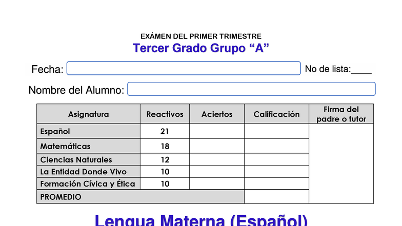 Repaso del Primer Trimestre 3er Grado - Examen de Español y Matemáticas ...