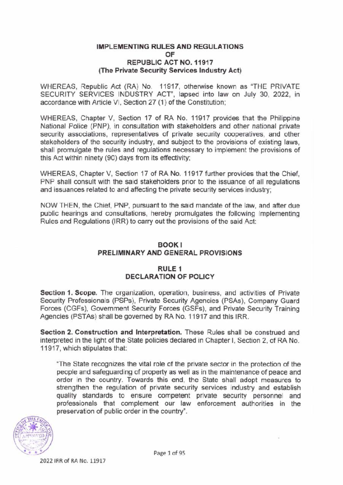 IRR of RA No. 11917: Implementing Rules for Private Security Services ...