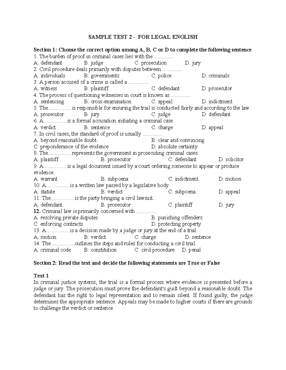 SAMPLE TEST 2 FOR LEGAL ENGLISH: Multiple Choice & True/False - Studocu