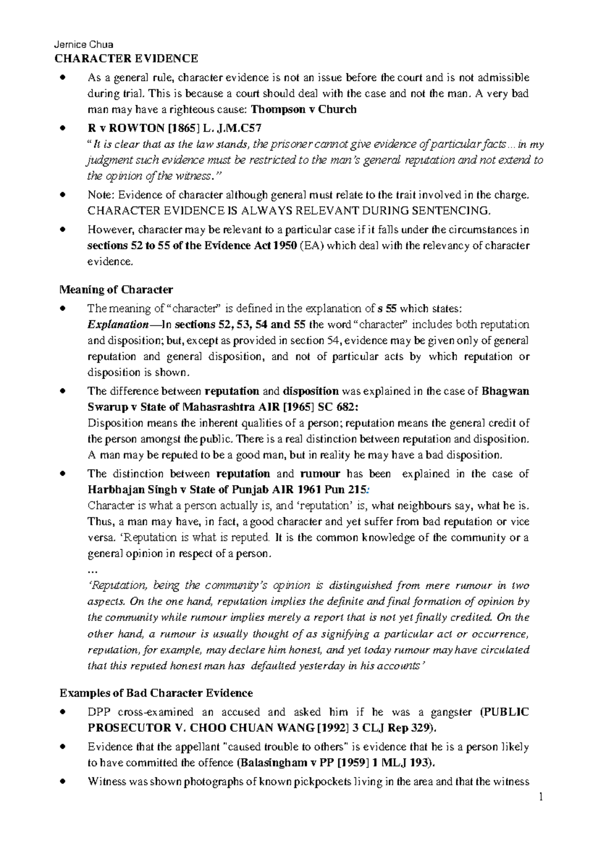 Character Evidence - Lecture Notes 2: Understanding Legal Principles ...