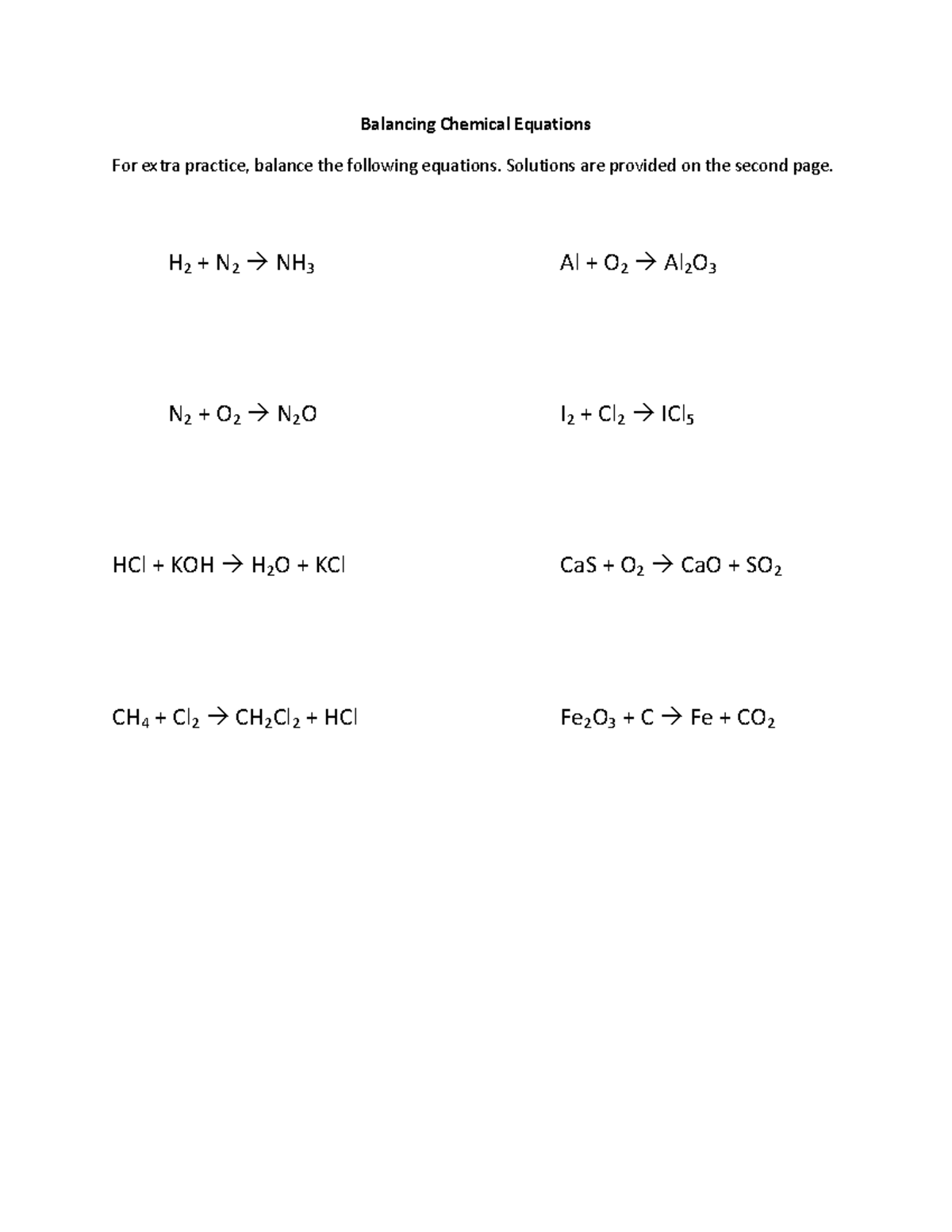 Balancing Chemical Equations Practice Worksheet - Studocu