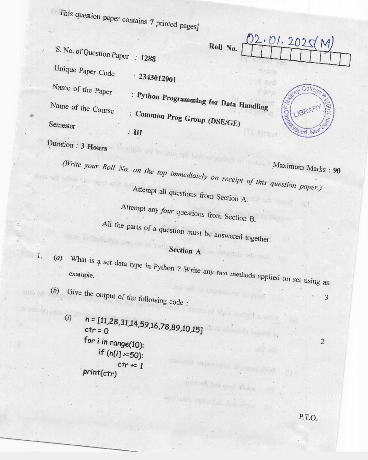 Python Programming for Data Handling - Question Paper 1288 - Studocu