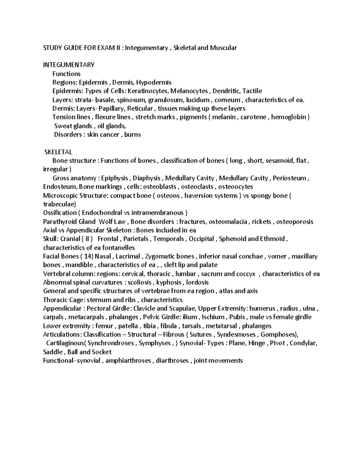 Study Guide for Exam II: Integumentary, Skeletal, and Muscular - Studocu