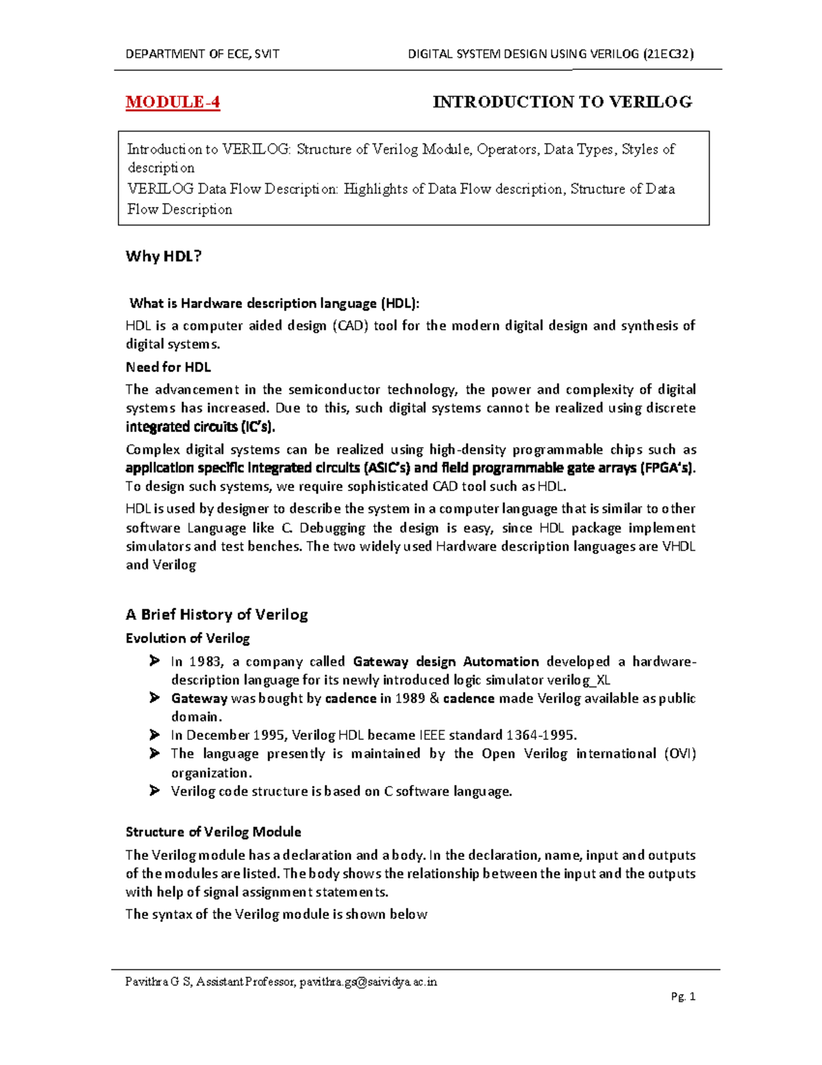 Digital System Design Using Verilog (21EC32) - Module 4 Notes - Studocu