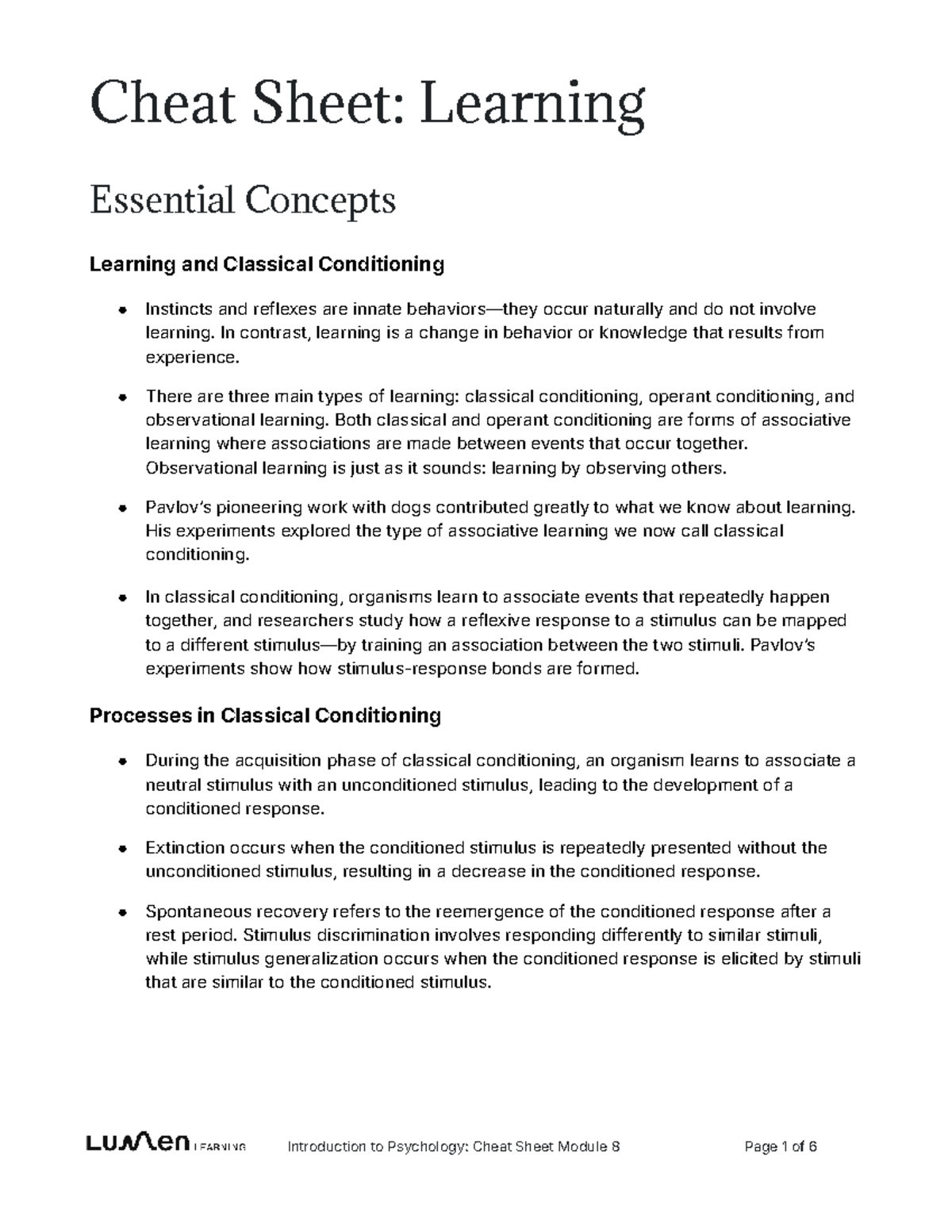 Introduction to Psychology: Cheat Sheet on Learning (Module 8) - Studocu