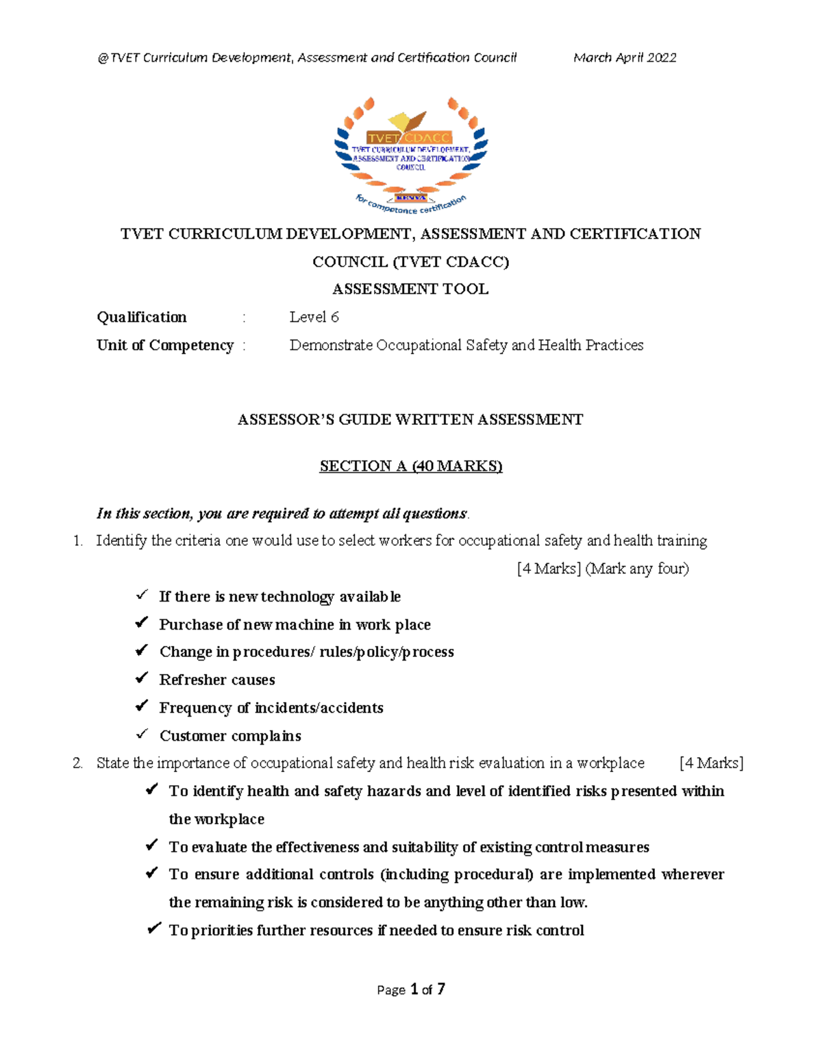 OSHA Assessor's Guide Written Assessment - Level 6 - Studocu