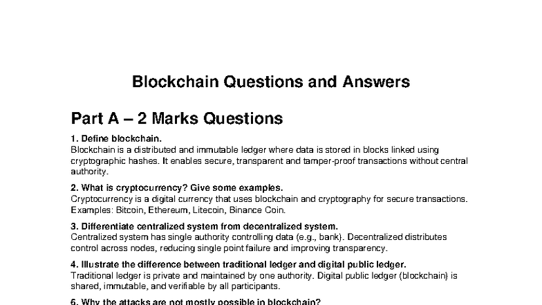 Blockchain questions answers - Blockchain Questions and Answers Part A ...