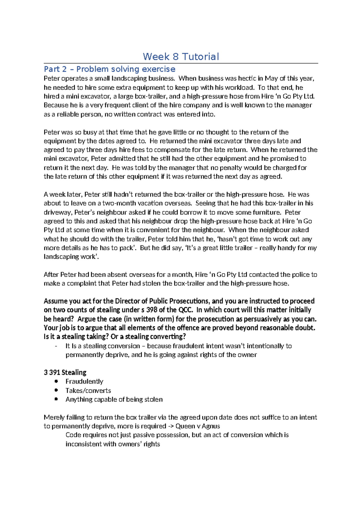 LLB106 Week 8 tutorial part 2 problem solving exercise on stealing ...