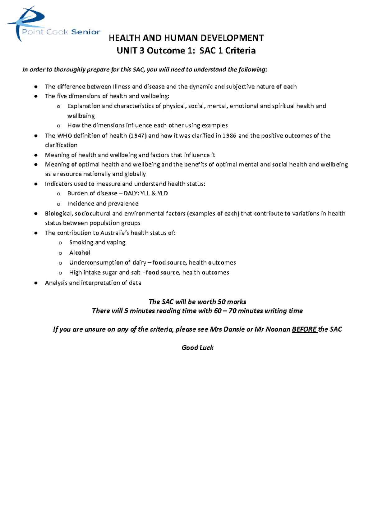 Health and Human Development Unit 3 Outcome 1 SAC 1 Preparation Guide ...