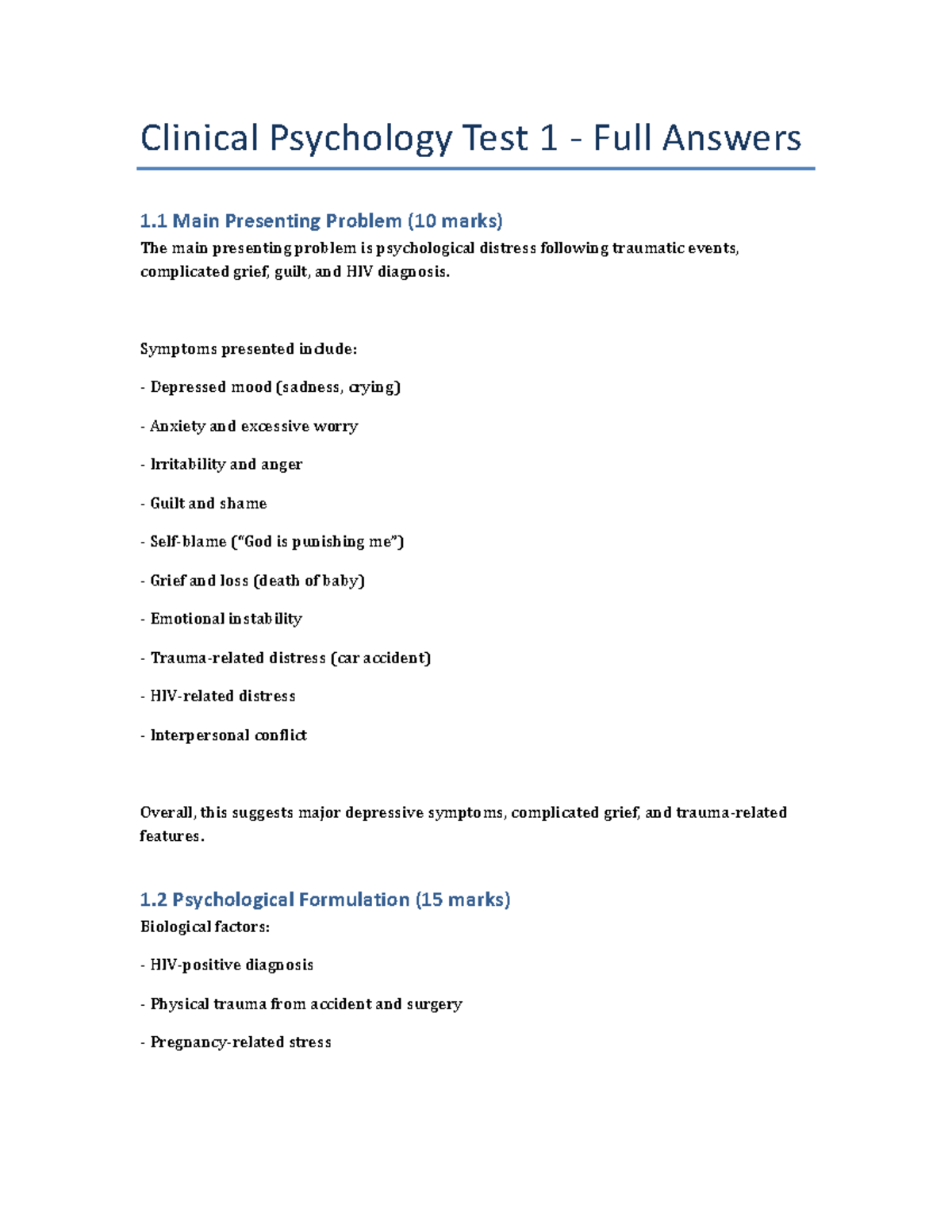 Clinical Psychology Test 1: Full Answers and Analysis - Studocu