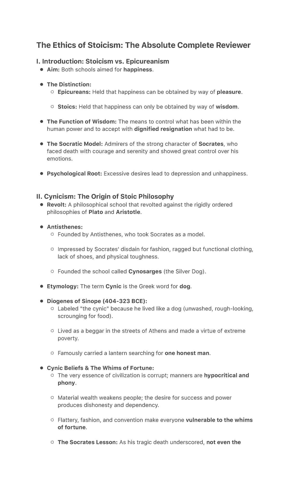 Stoicism and Cynicism: A Comprehensive Review for PHIL 101 - Studocu
