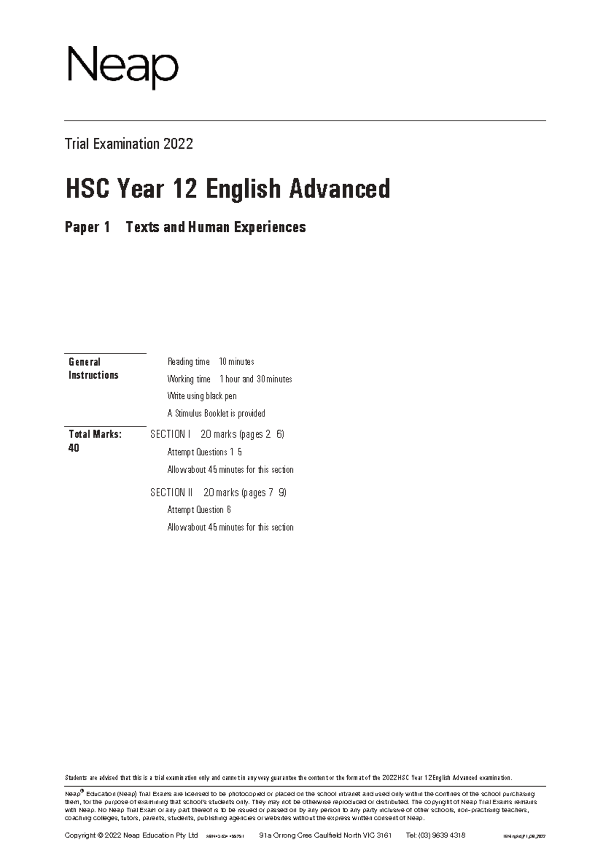 HSC Year 12 English Advanced Trial Exam 2022 Paper 1 Q&A Booklet - Studocu